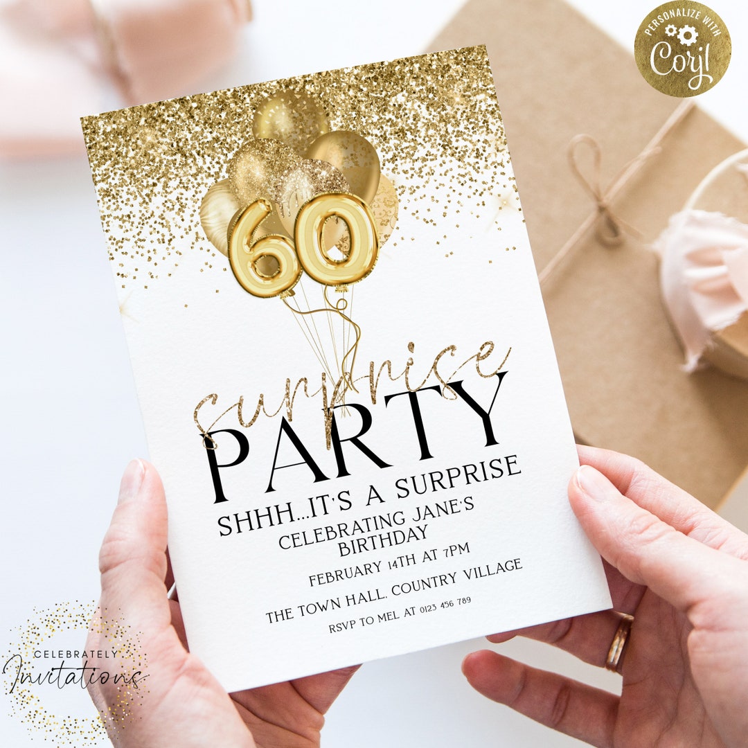 Surprise 60th Birthday Invitation - Gold Glitter Balloon Party Invite ...