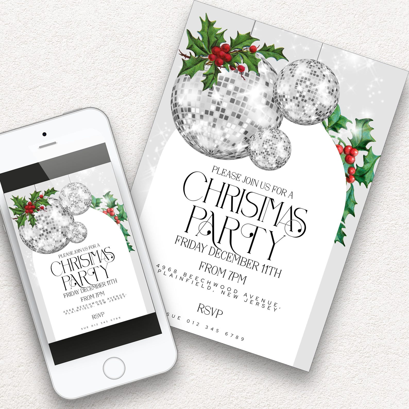 Christmas Party Invite With Info Card Editable Disco Ball Corjl ...