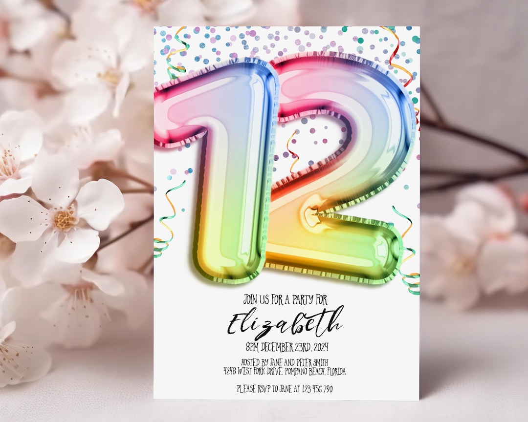 12th Birthday Party Invitation Rainbow Balloon Editable Corjl Digital ...