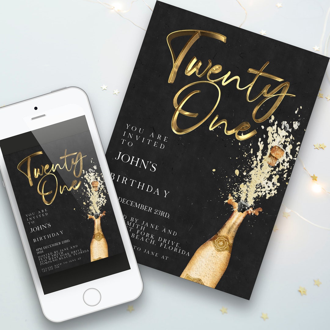 Champagne 21st Birthday Invitation Editable 21st Invite Black ...