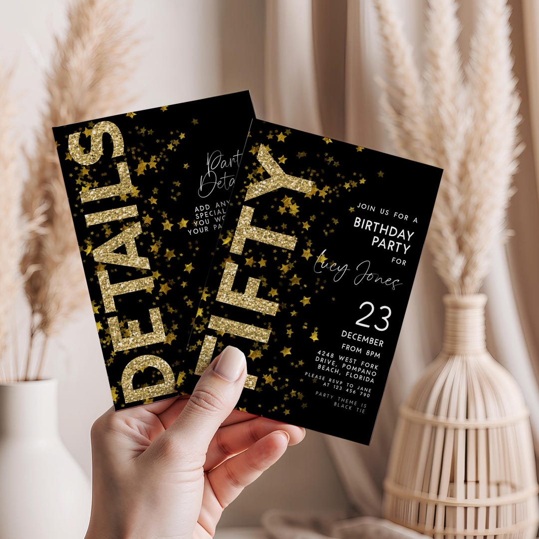 Gold Glitter 50th Birthday Invitation | Black and Gold Party Template ...