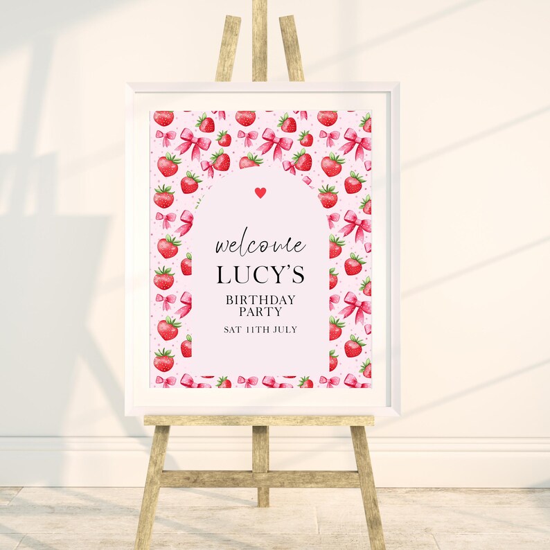 Strawberry Party Editable Birthday Welcome Sign: Pink Summer Theme ...