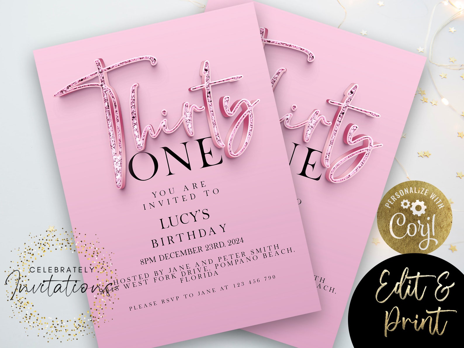 31st Birthday Invitation Editable Invite Pink Sparkly Invitation Simple ...