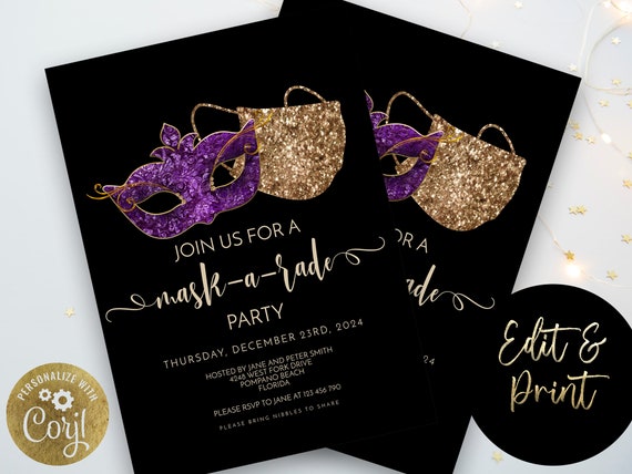 Mask-a-rade Party Invitation Party Signs Purple Gold Glitter Masquerade ...