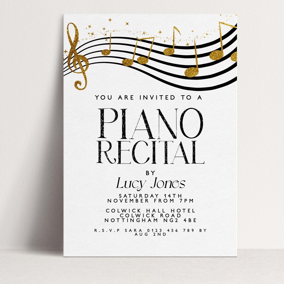 Editable Gold Black Invitation Template Piano Recital, Glitter Musical ...