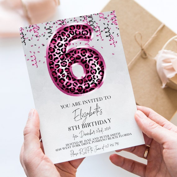 6th Pink Leopard Print Birthday Invitation Editable Template Animal ...