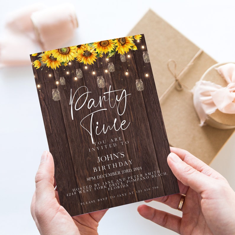 Rustic Party Invite Birthday Invitation Sunflowers Fireflies Wood Boho ...