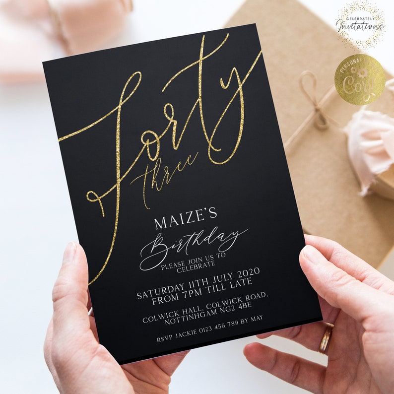43rd Birthday Invitation Editable Black Gold Glitter - Etsy