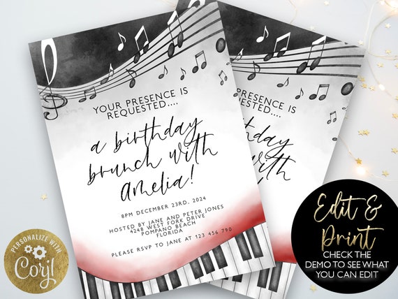 Birthday Brunch Invitation Music Notes Piano Keys Editable Printable ...