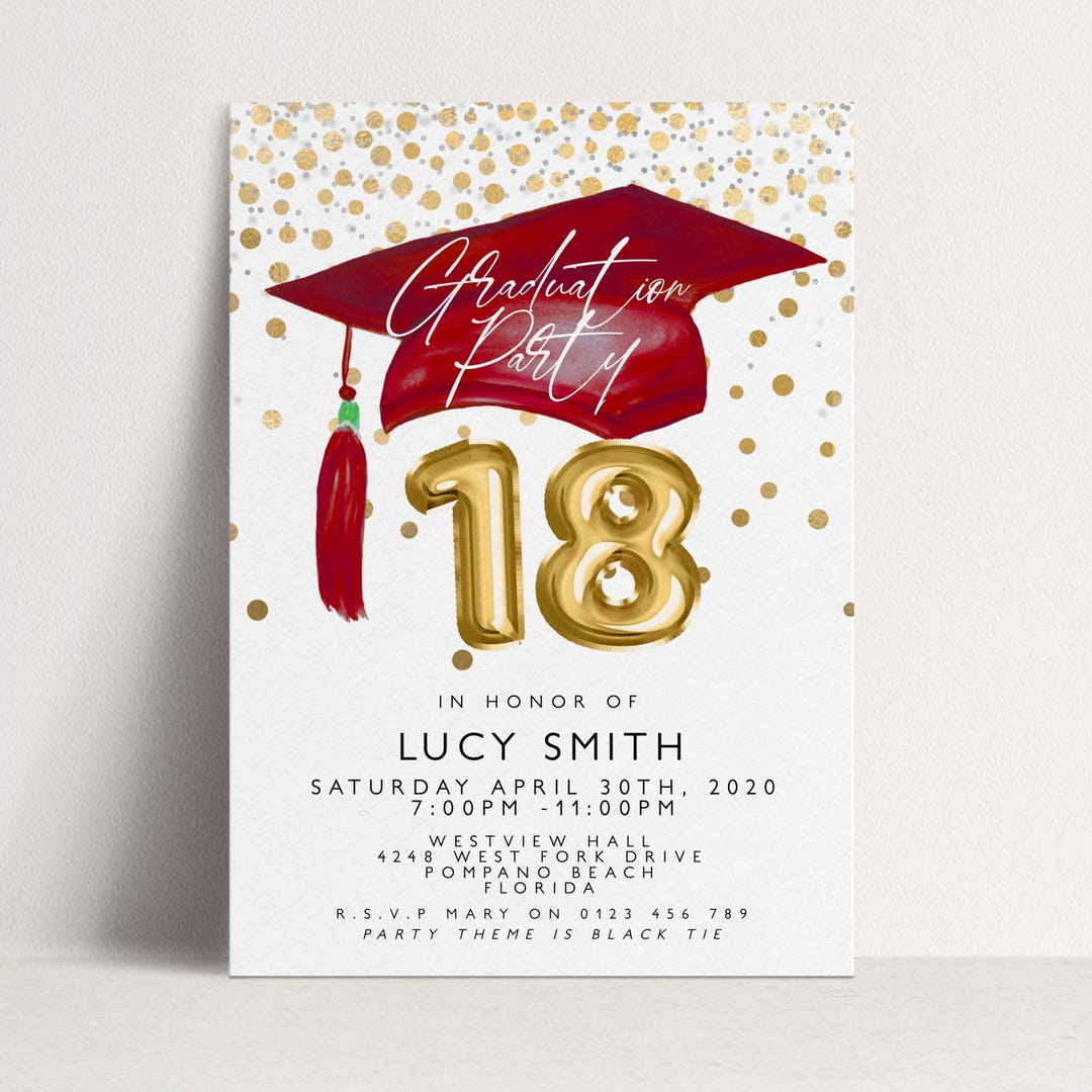 Graduation Party Invitation Template: Gold Red Cap Design, Editable ...