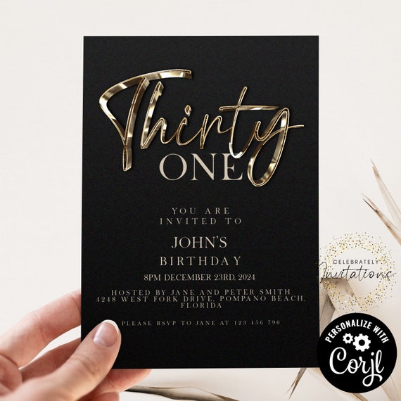31st Birthday Invitation Editable 30's invite Black Gold invitation ...
