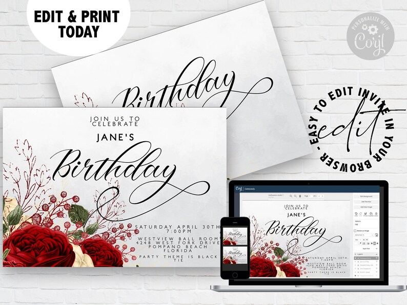 Birthday Invitation Template Red Floral Birthday Celebration - Etsy