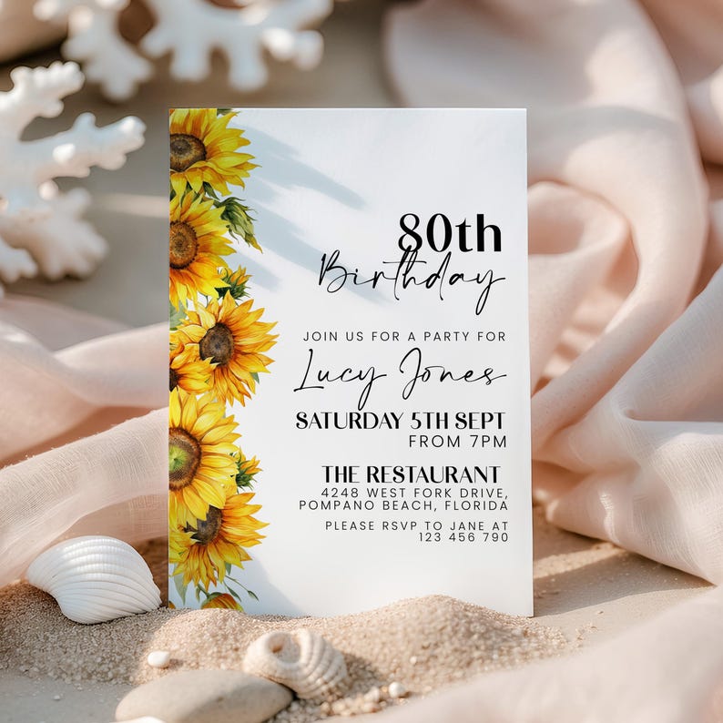 Editable 80th Birthday Invitation Template, Printable Floral Sunflower ...