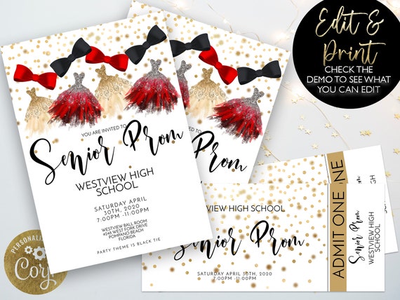 Prom Invitations and Tickets Prom Invitation Gold Red Black Printable ...