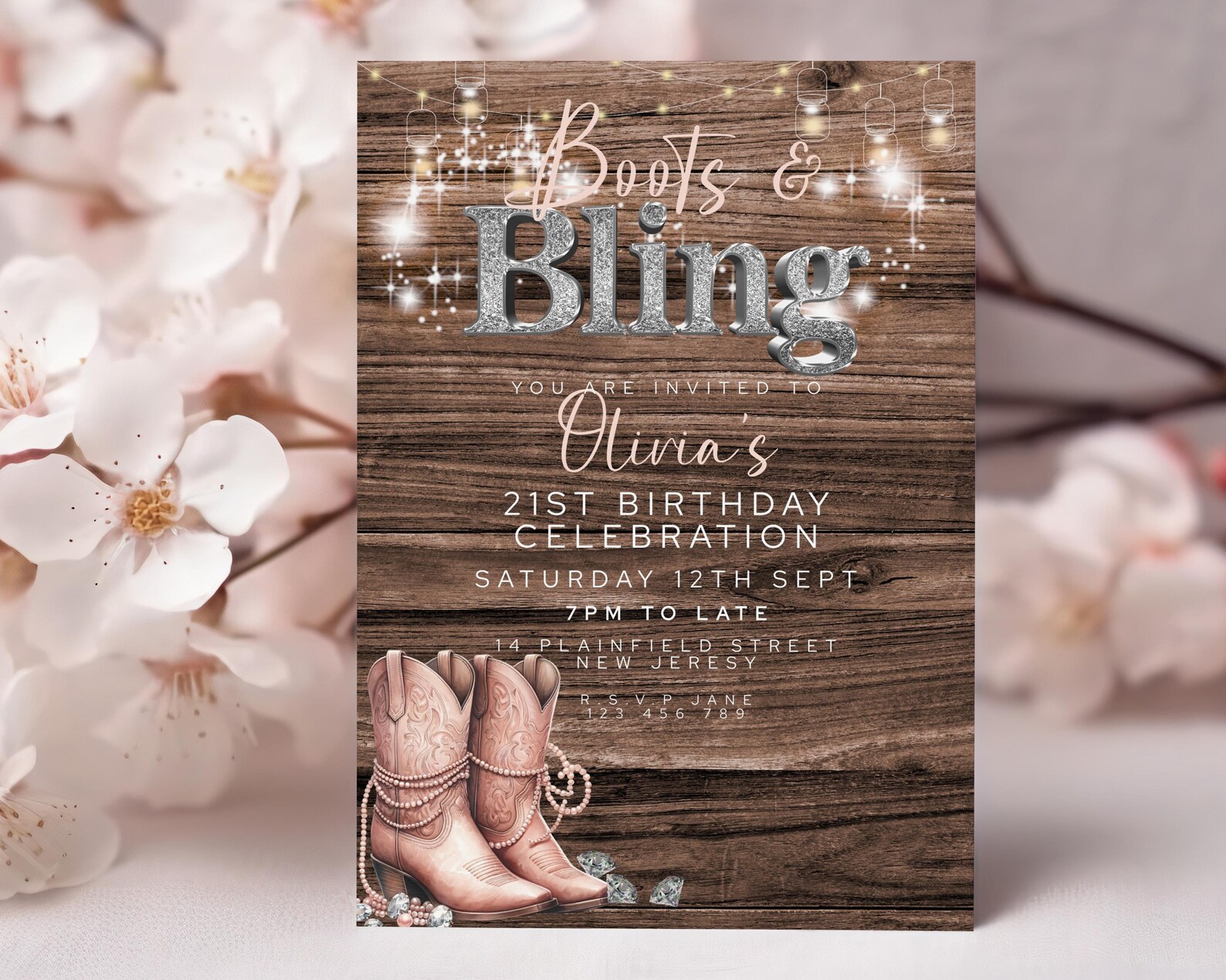 Boots Bling Invite - Editable Cowgirl 21st Birthday Card - Rustic Glam ...