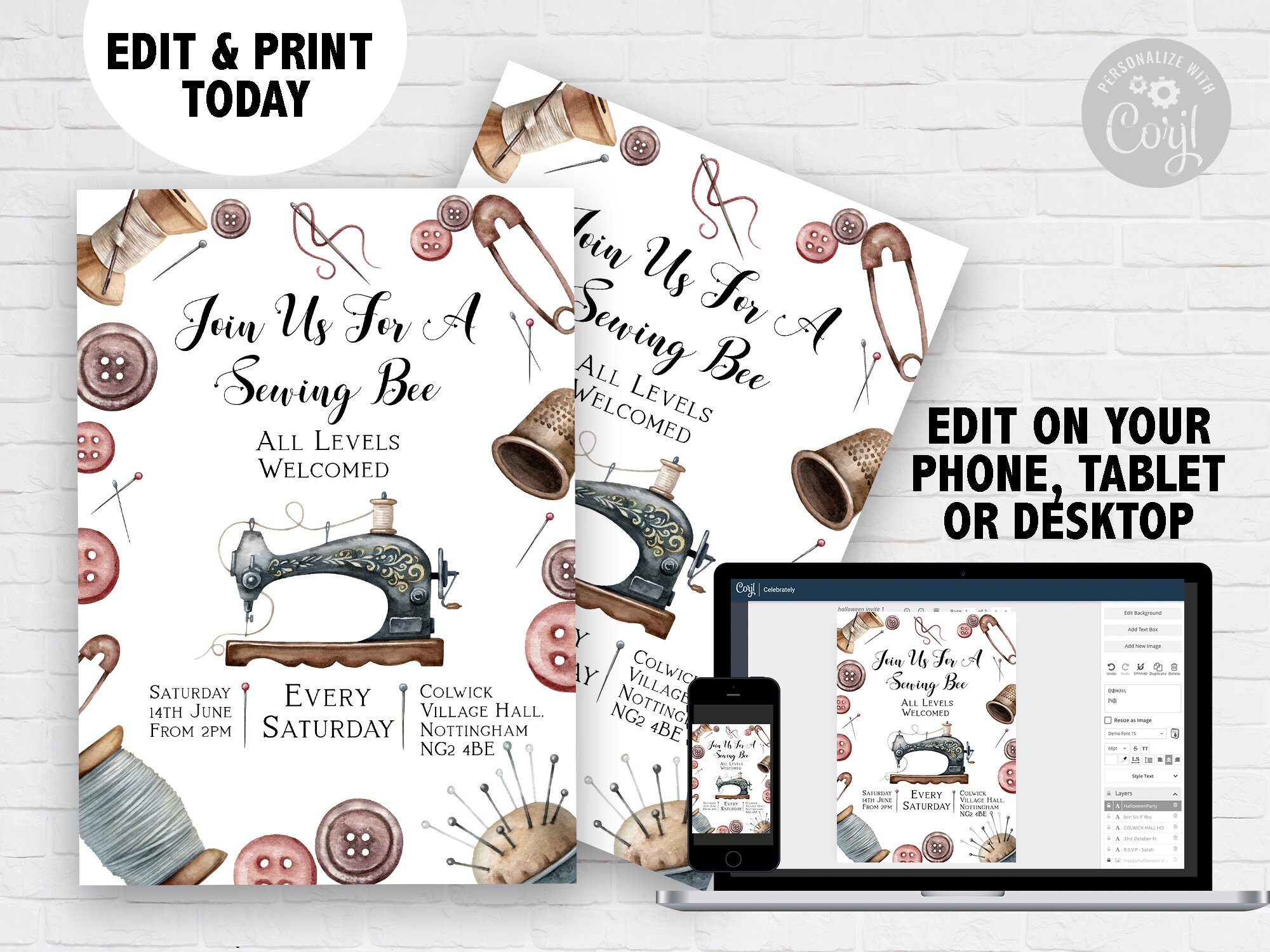 Editable Sewing Bee Invitation – Craft Party Template, Instant Download ...