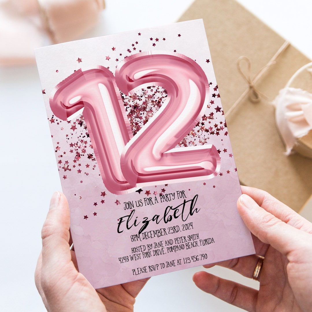 Birthday Invitation Template 12th Birthday Pink for Her Editable Pink ...