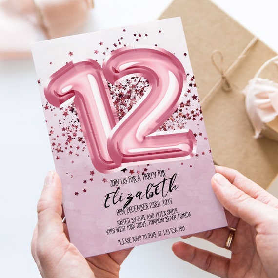 Birthday Invitation Template 12th Birthday Pink for her Editable Pink ...