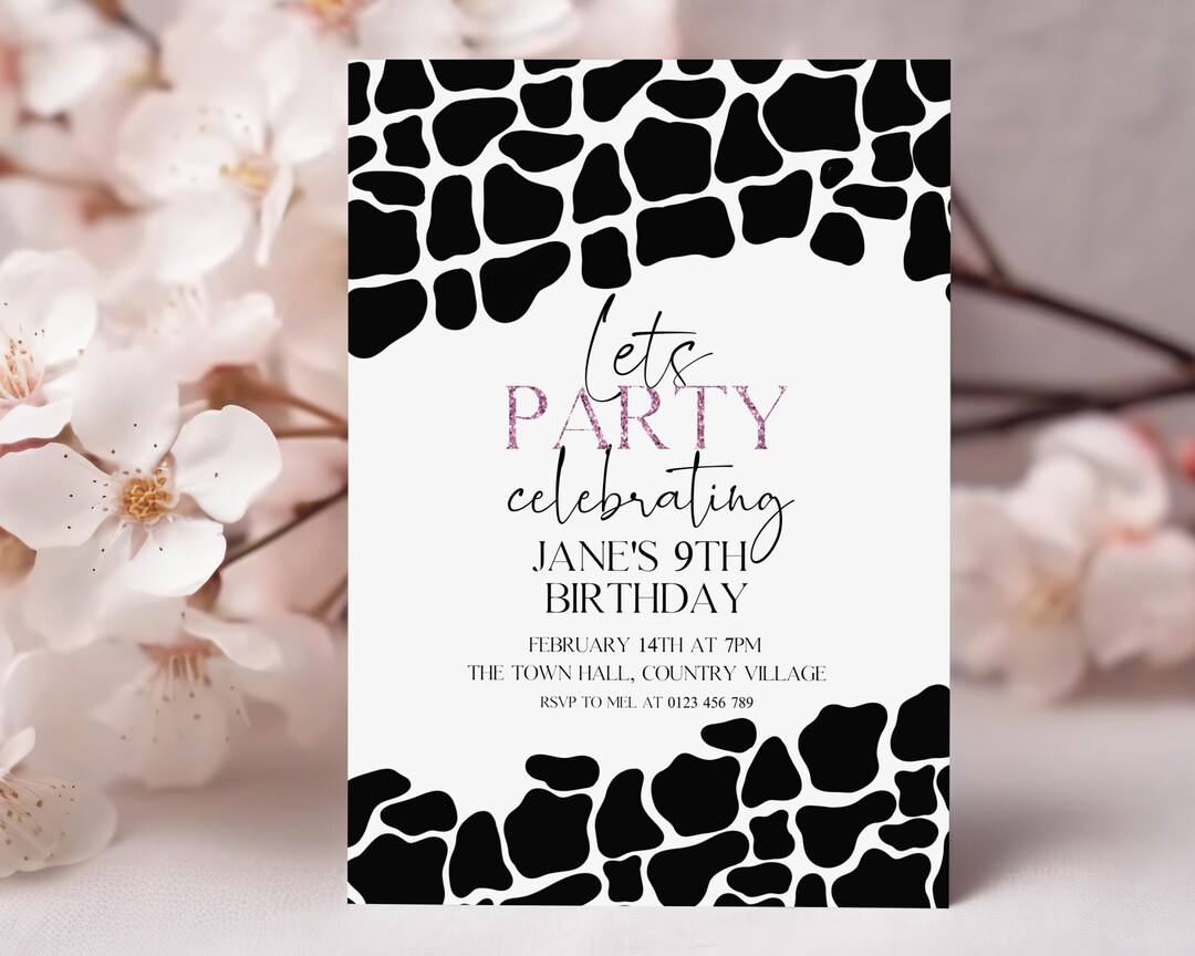 Editable Cow Print Party Invitation Black Cow Pattern Birthday Invite ...