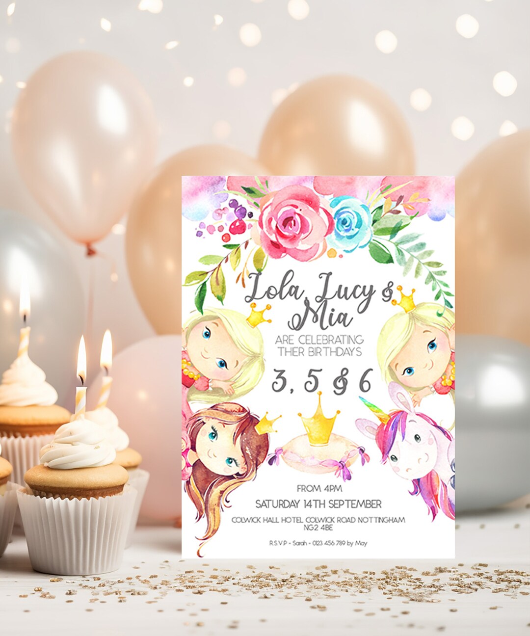 Unicorn Birthday Invitation for 3 Girls – Editable Template, Instant ...