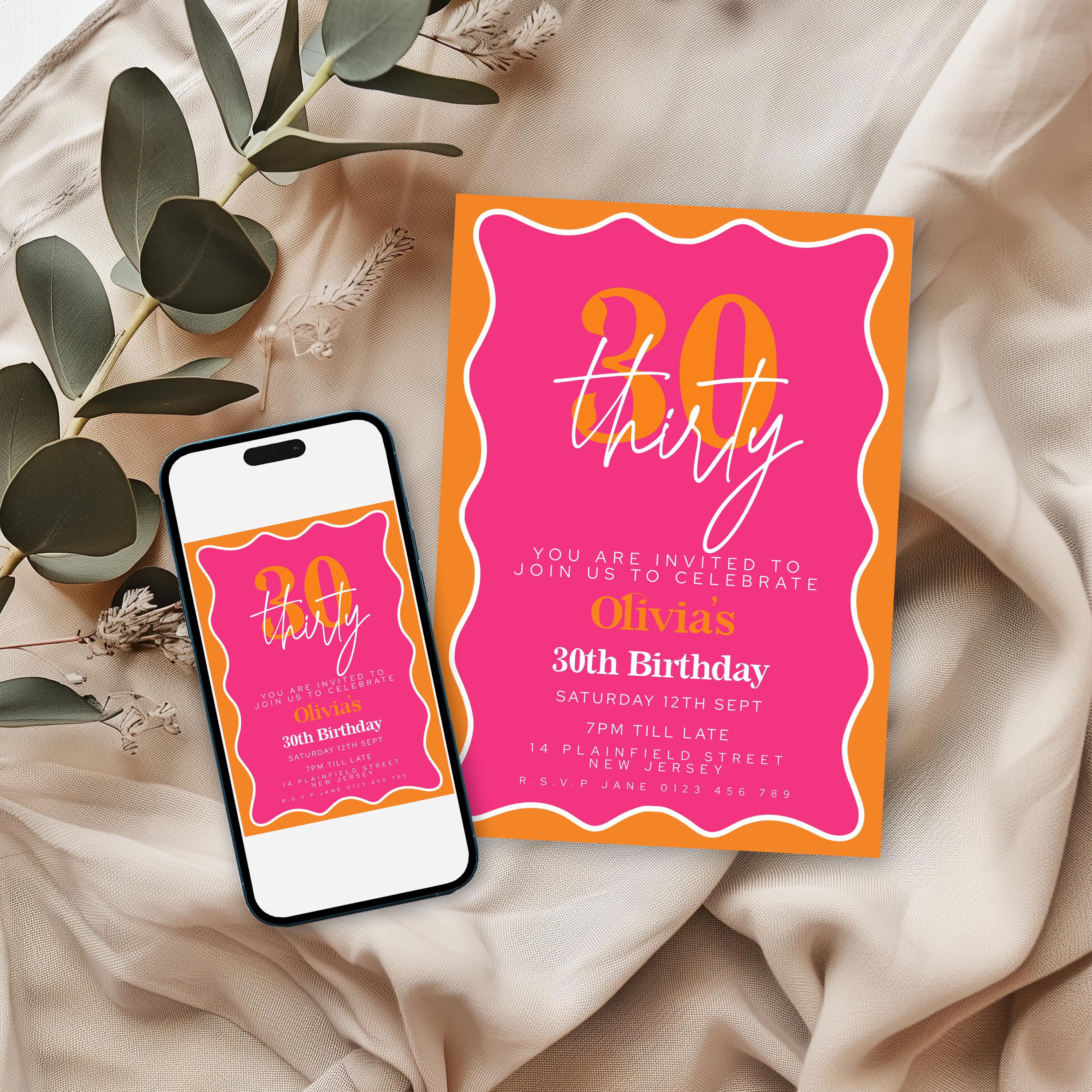 30th Birthday Invite Pink and Orange Editable Party Invite Modern Forty ...