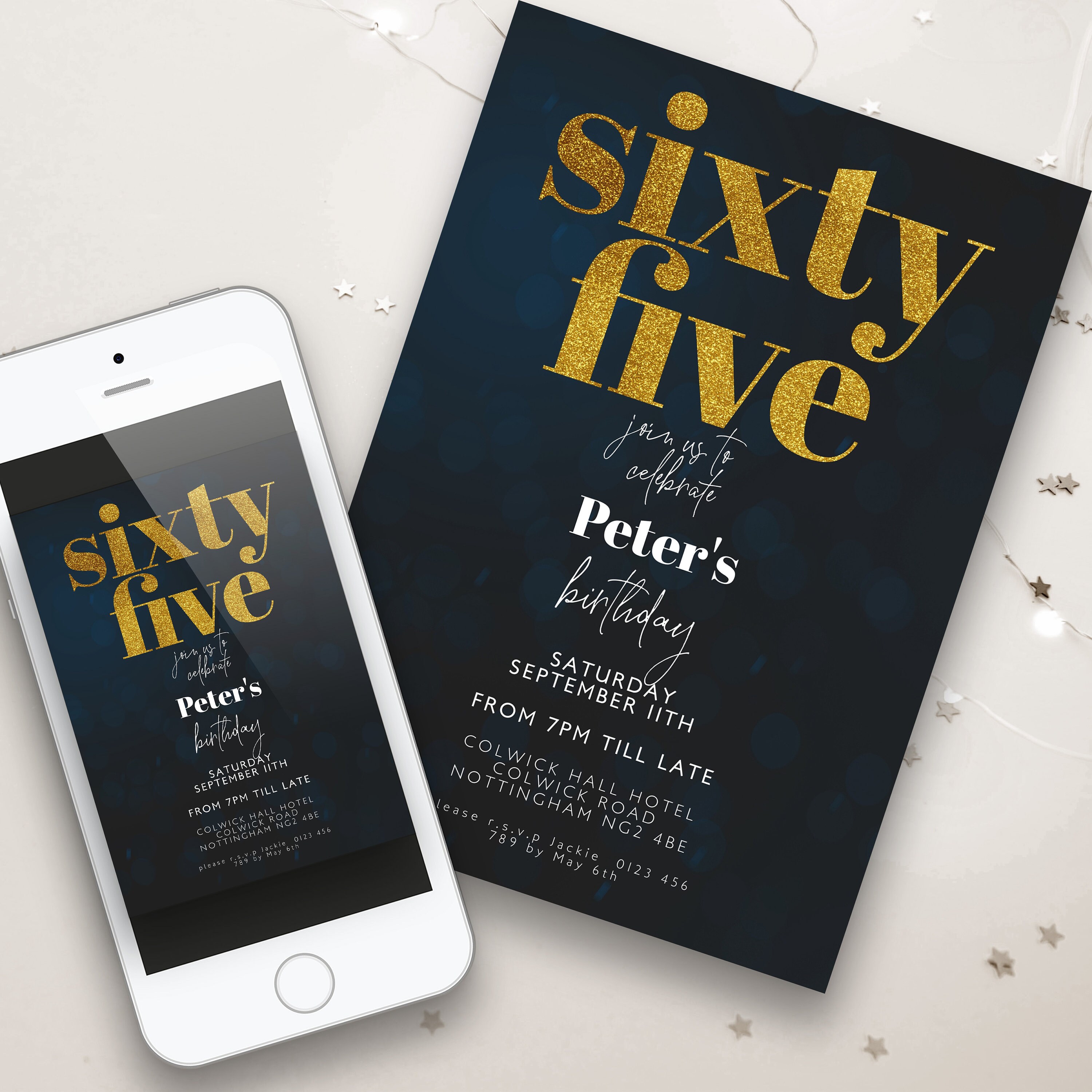 65th Birthday Invitation Editable Sixty Five Invite Black and Gold ...