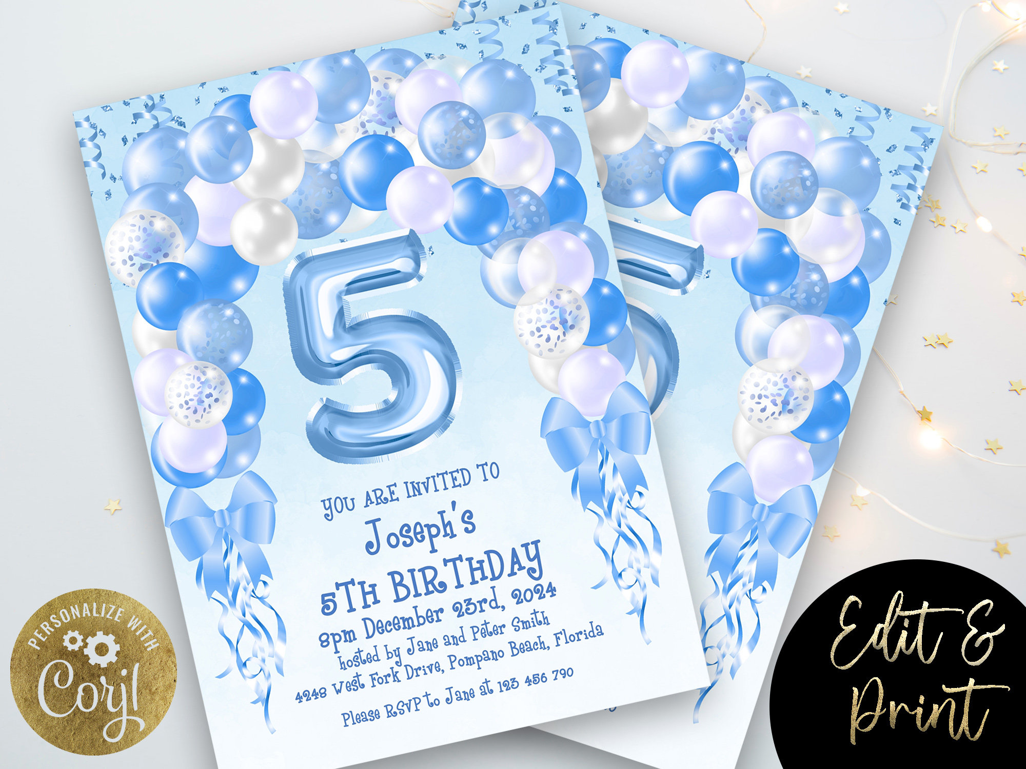 5th Blue Birthday Invitation Editable Template Blue Balloon - Etsy UK