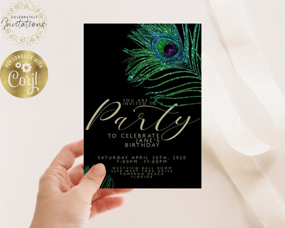 Editable Party Invitations Green Peacock Feather Glitter Invitation ...