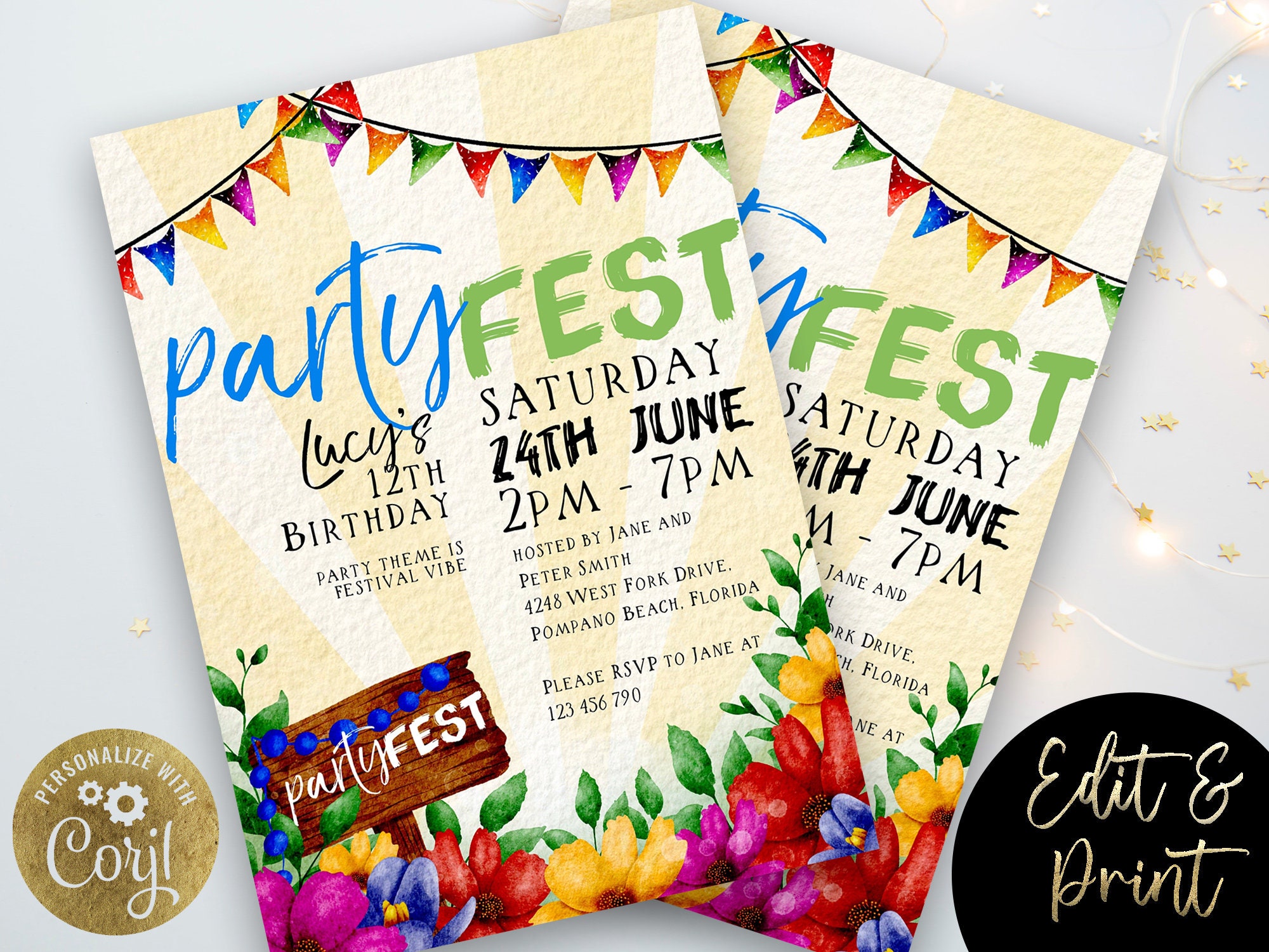 Partyfest Festival Theme Birthday Invitations Bright Editable - Etsy
