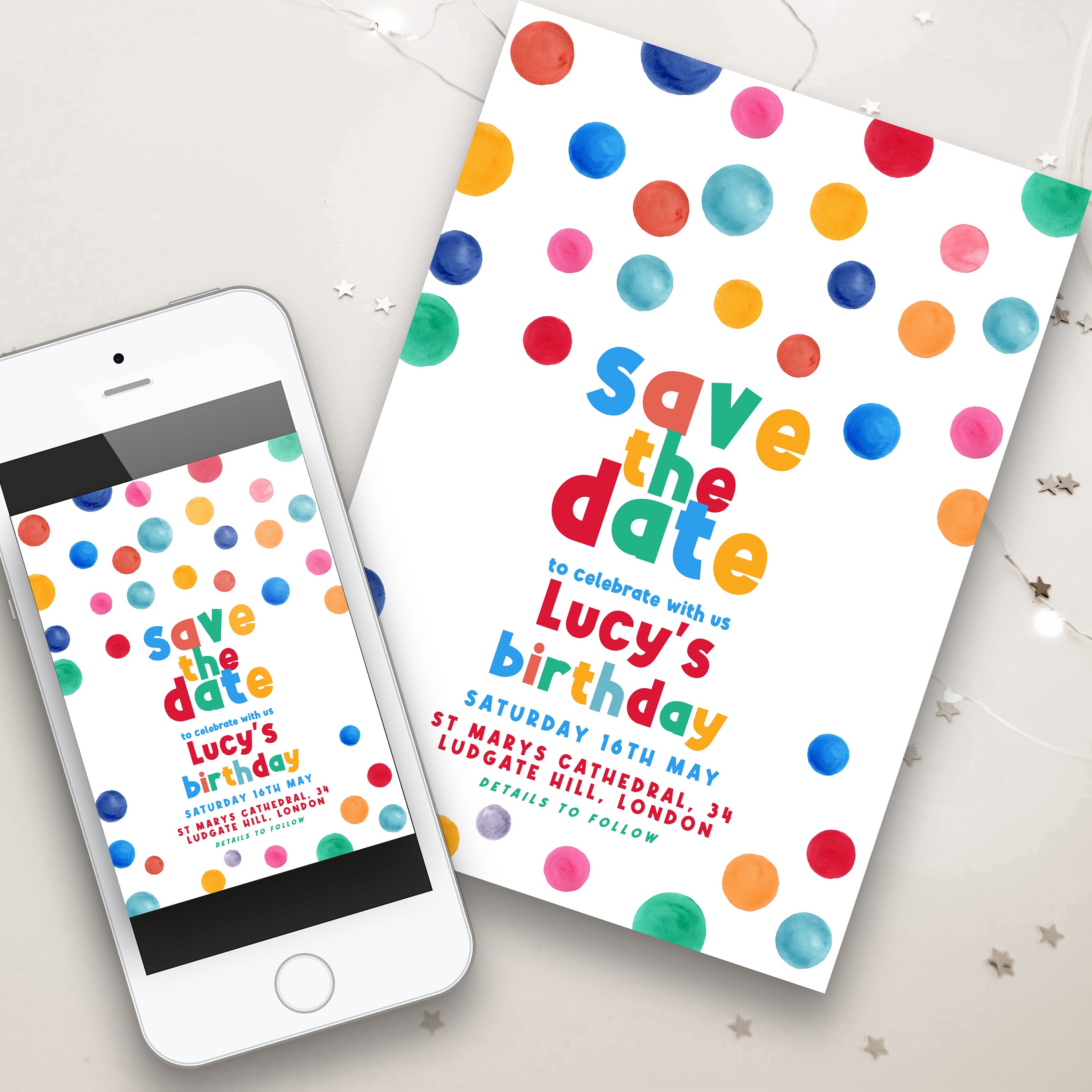 Dots Save the Date Birthday Invitation EDITABLE Multi Coloured Polka ...