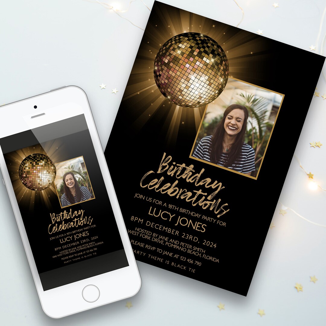 Disco Ball Invitation Gold Birthday Invitation With Photo Template All ...