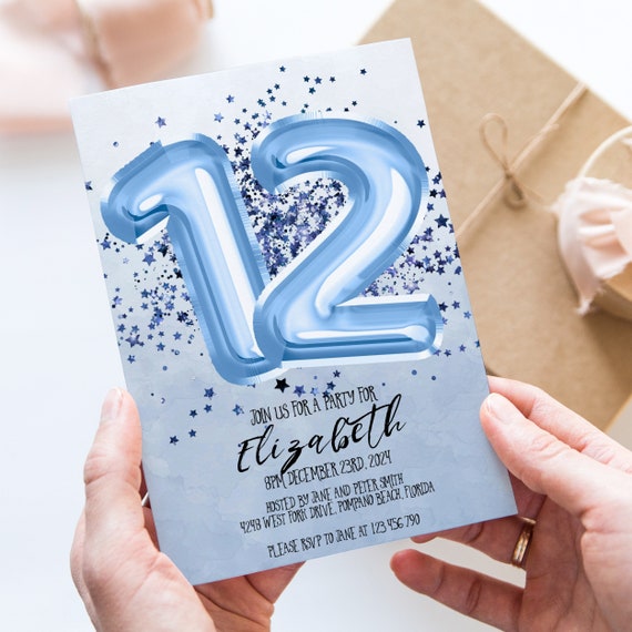 12th Blue Birthday Invitation Editable Template Blue Balloon Invite 12 ...