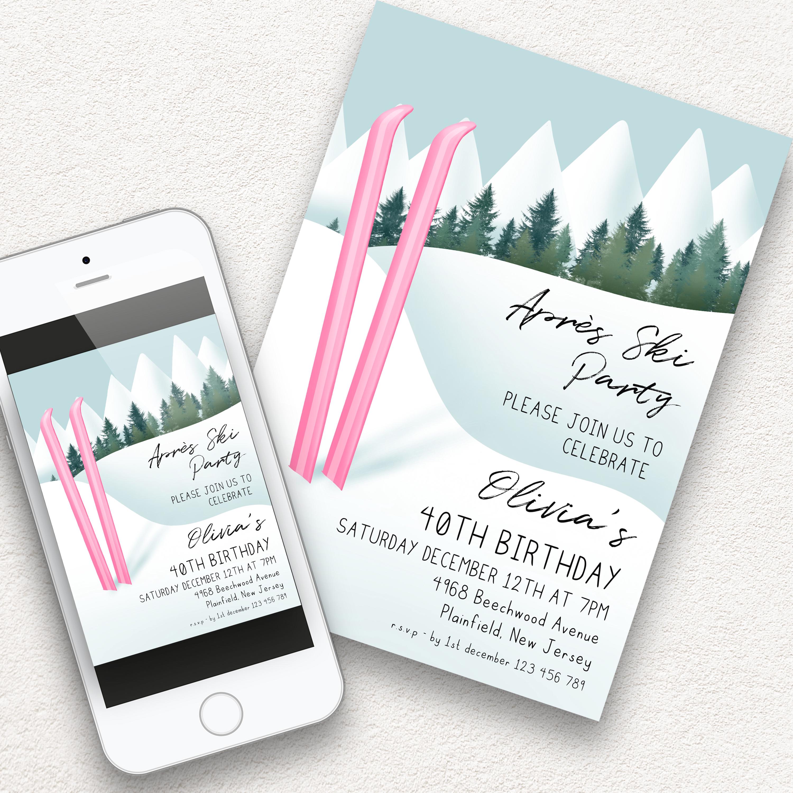 Après Ski Party Invitation – Editable Pink Ski 40th Birthday Invite ...