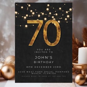 70th Birthday Invitation Editable Template Black Gold Simple Elegant ...