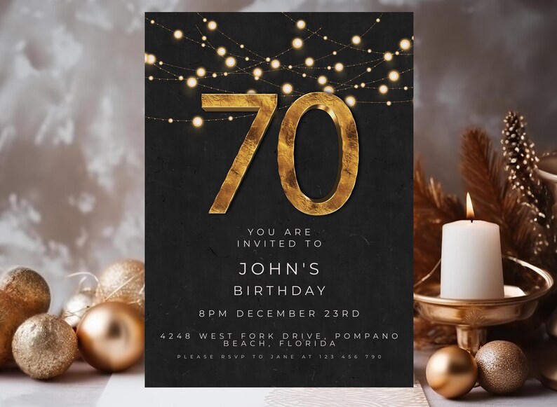 70th Birthday Invitation Editable Template Black Gold Simple Elegant ...