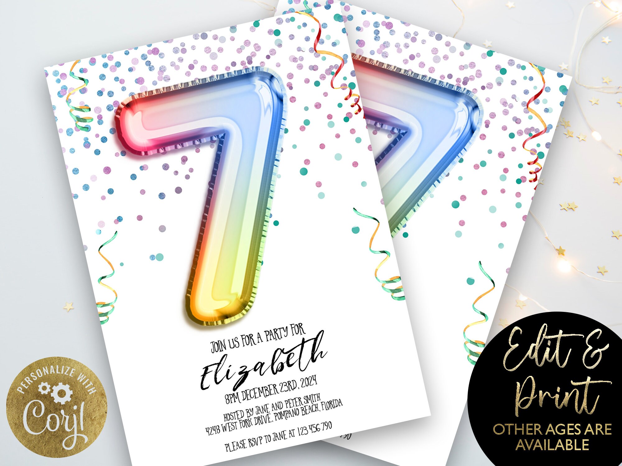 7th Birthday Invitation Editable Template Rainbow Balloon Invite 7 Year ...