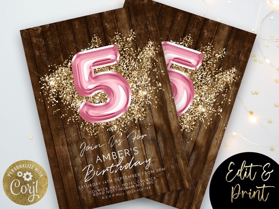 5th Birthday Party Invitation Template, Rustic Pink Balloon Gold ...