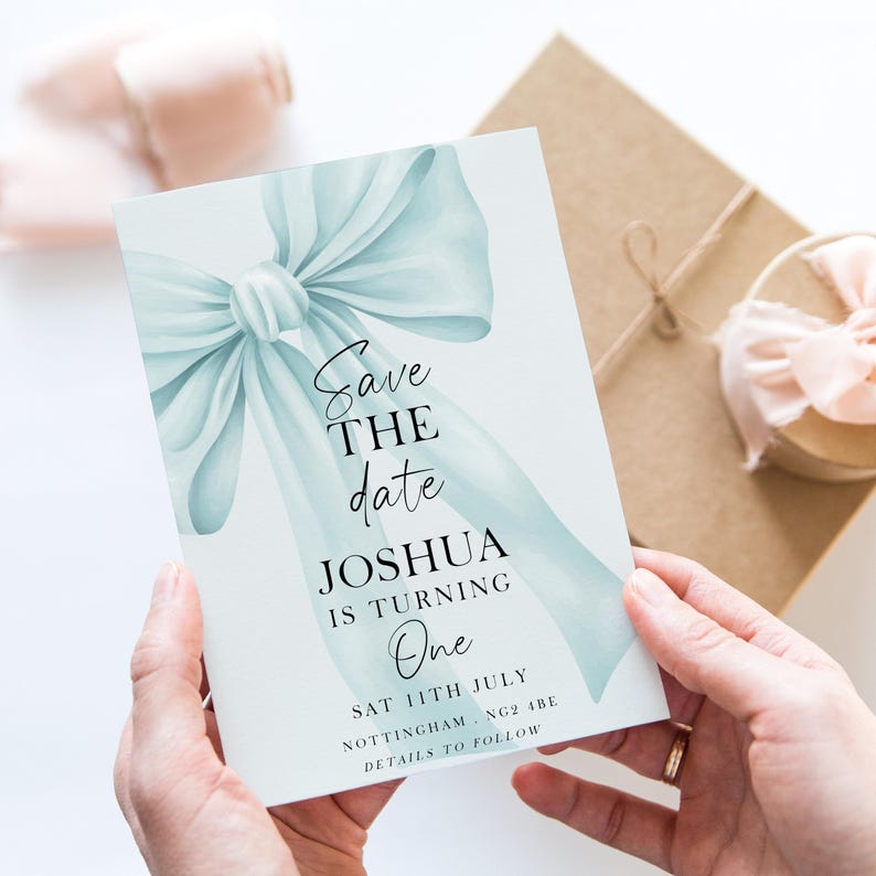 Blue Bow Save the Date Birthday Invitation, Printable Editable Baby Boy ...