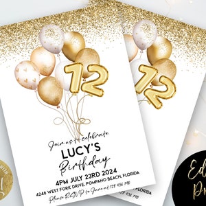 12th Birthday Invitation Balloon Editable Printable Invite Gold Glitter ...
