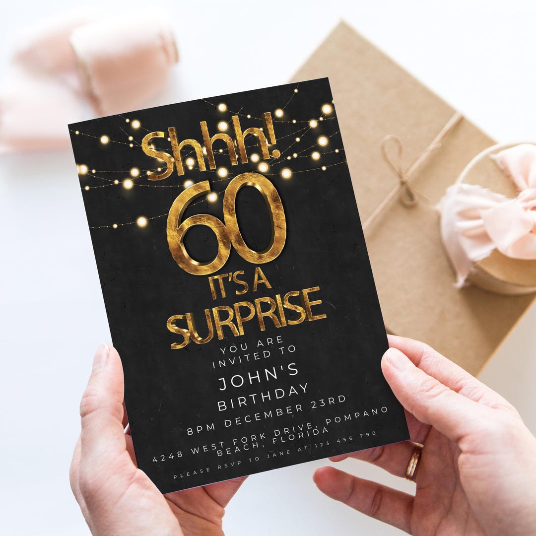 Surprise 60th Birthday Invitation Editable Template Black Gold Simple ...