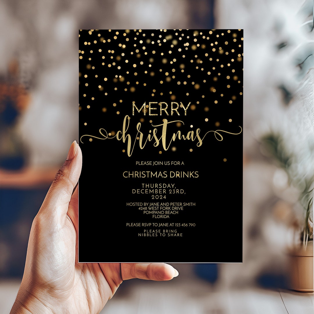 Christmas Party Invitation Printable Gold Glitter Black Christmas ...