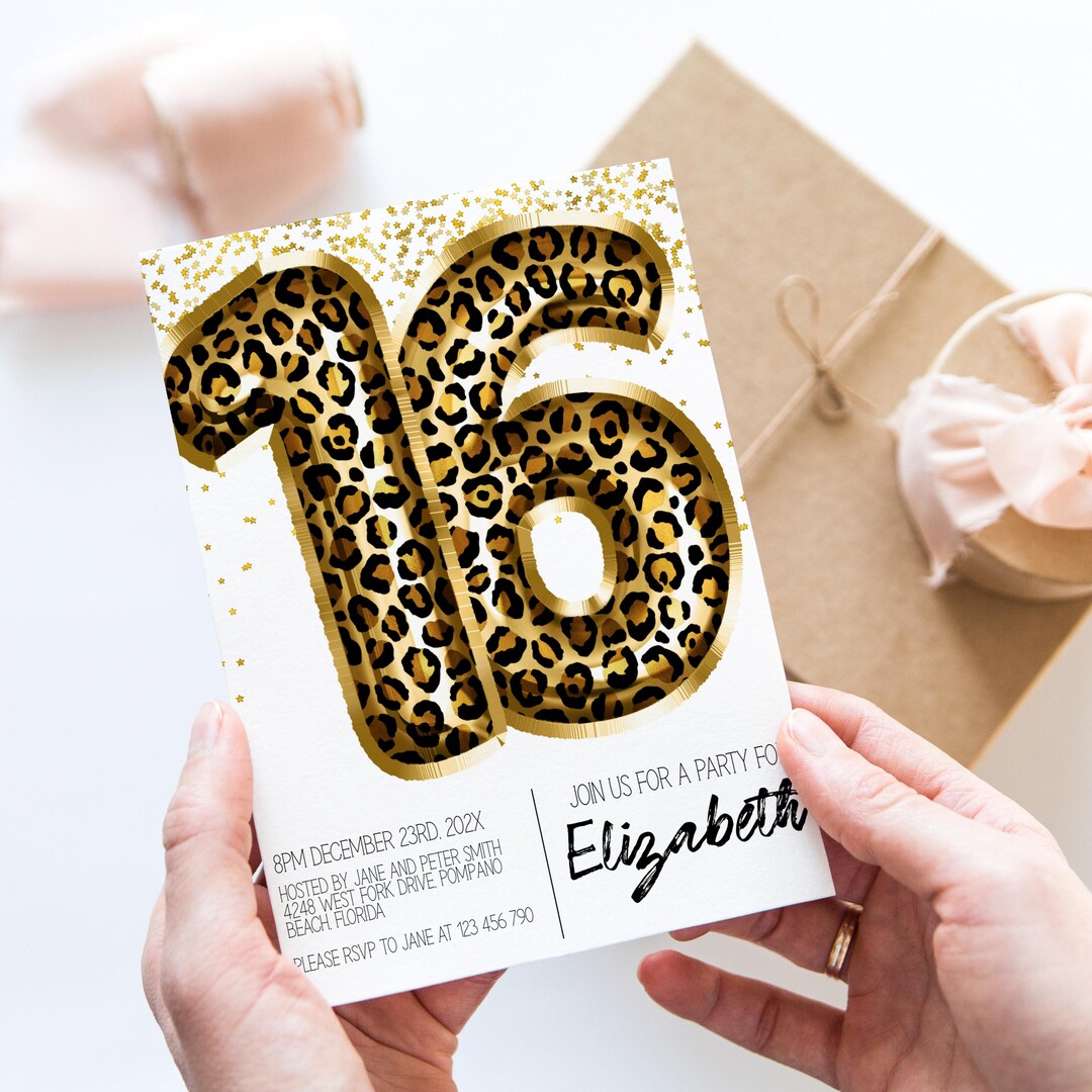 Leopard Print Birthday Invitation: Editable 16th Animal Balloon Invite ...