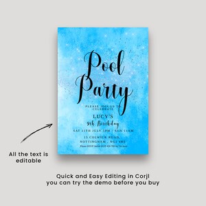 Pool Party Invitation Blue Watercolour Printable Swim Birthday Backyard ...