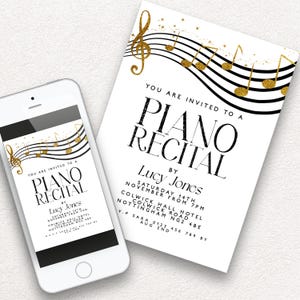 Piano Recital Invitation – Editable Gold & Black Musical Notes Digital ...