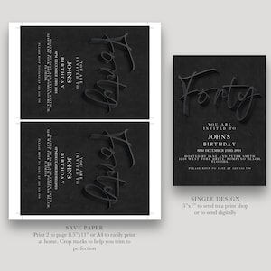 40th Birthday Invitation for Men Editable 40th Black Invitation , Printable Template PDF JPG 5x7 ...