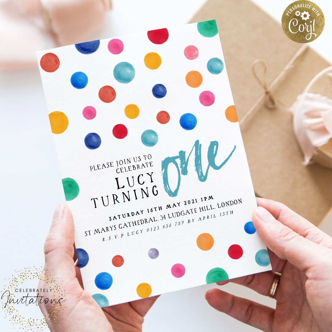 Dots 1st Birthday Invitation EDITABLE Multi Coloured Polka Dot ...