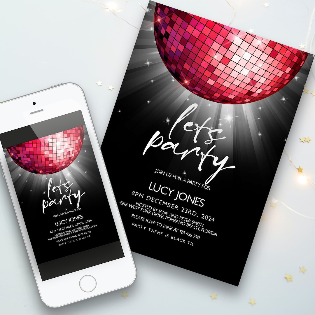 Red Disco Ball Invitation Template, Lets Celebrate Edit, Party Invite ...