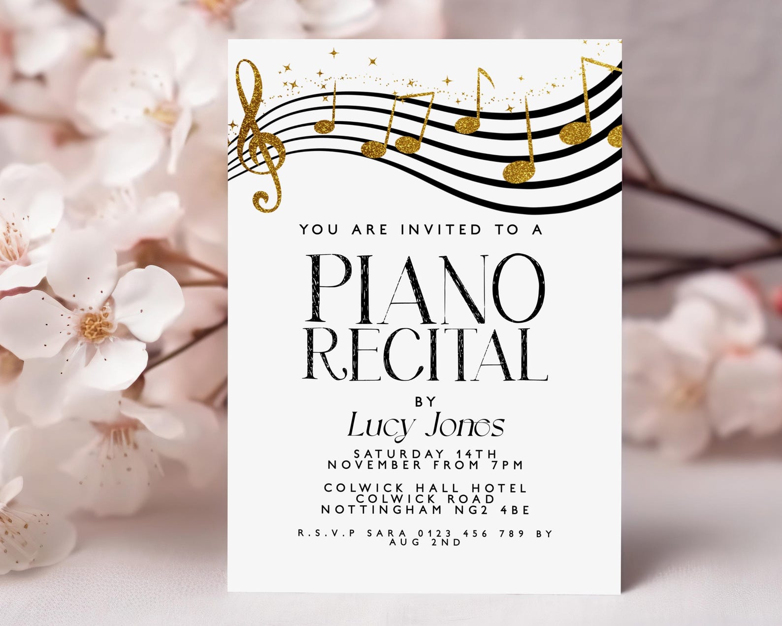 Piano Recital Invitation – Editable Gold & Black Musical Notes Digital ...