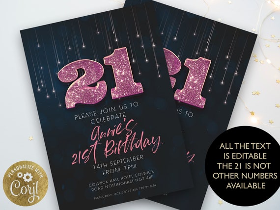 Rose Gold 21st Birthday Invitation Glitter 21 Party Invite Printable
