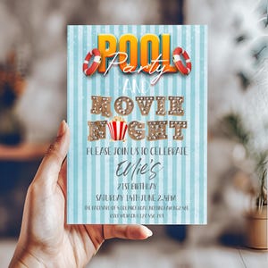 Pool Party and Movie Night Birthday Invitation Blue Editable Under the ...